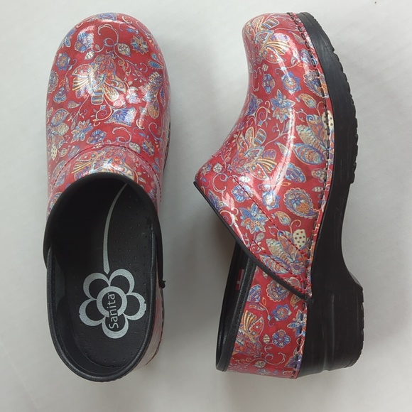 Sanita | Shoes | Sanita Paisley Floral Patent Leather Clogs 37 Red ...